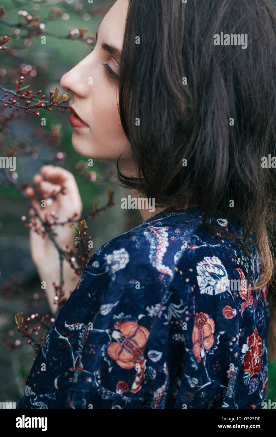 Portrait of a beautiful young woman among spring blossom tree Stock ...