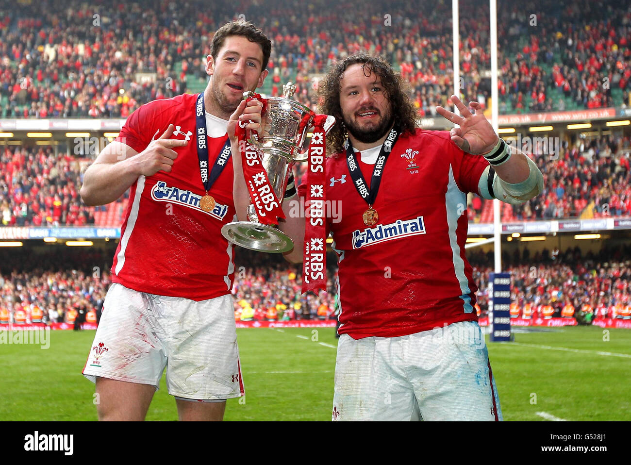 Alex Cuthbert (left) and Adam Jones (right) celebrates with the trophy ...