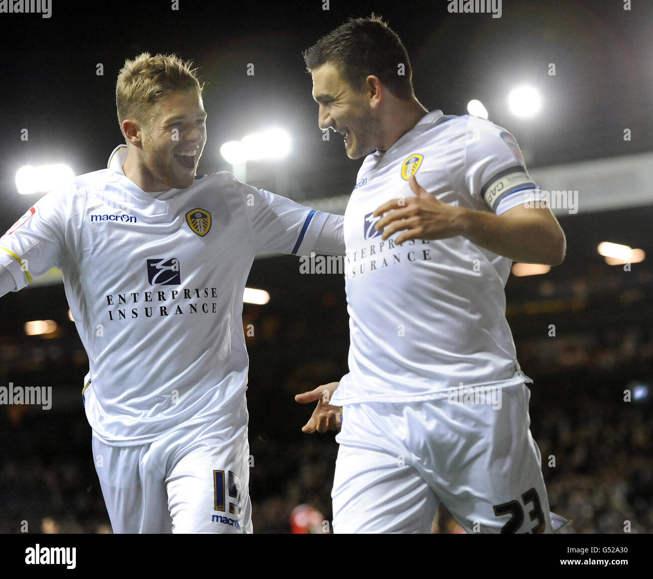 Leeds United's Robert Snodgrass (right) celebrates with Adam Clayton ...