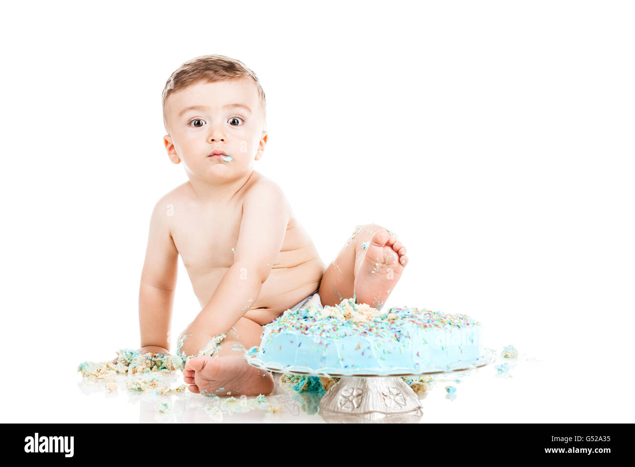 baby birthday boy with a smashed cake Stock Photo - Alamy