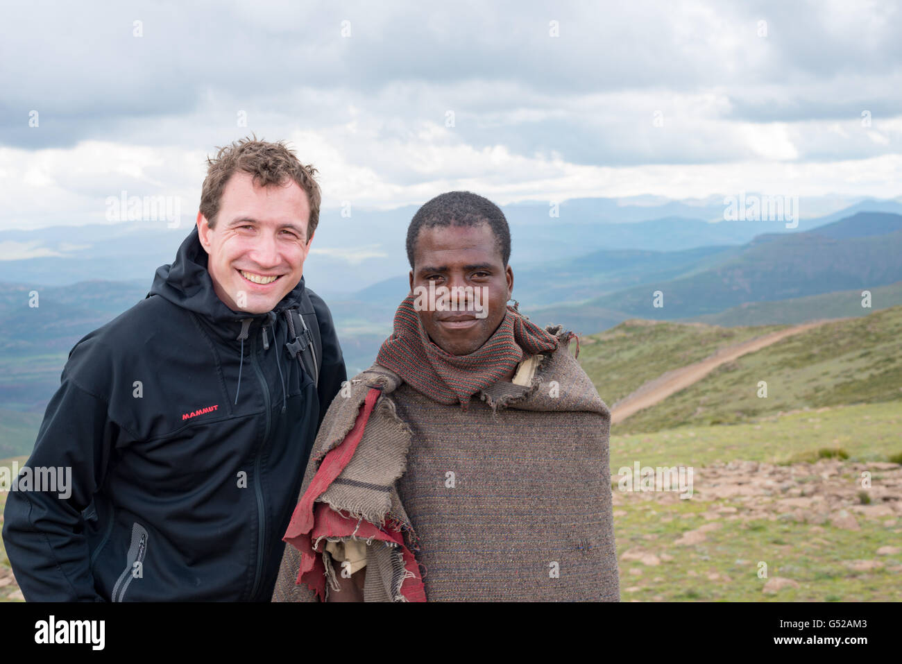 Lesotho, Mokhotlong, near Sani Pass, Basotho man along with a German ...