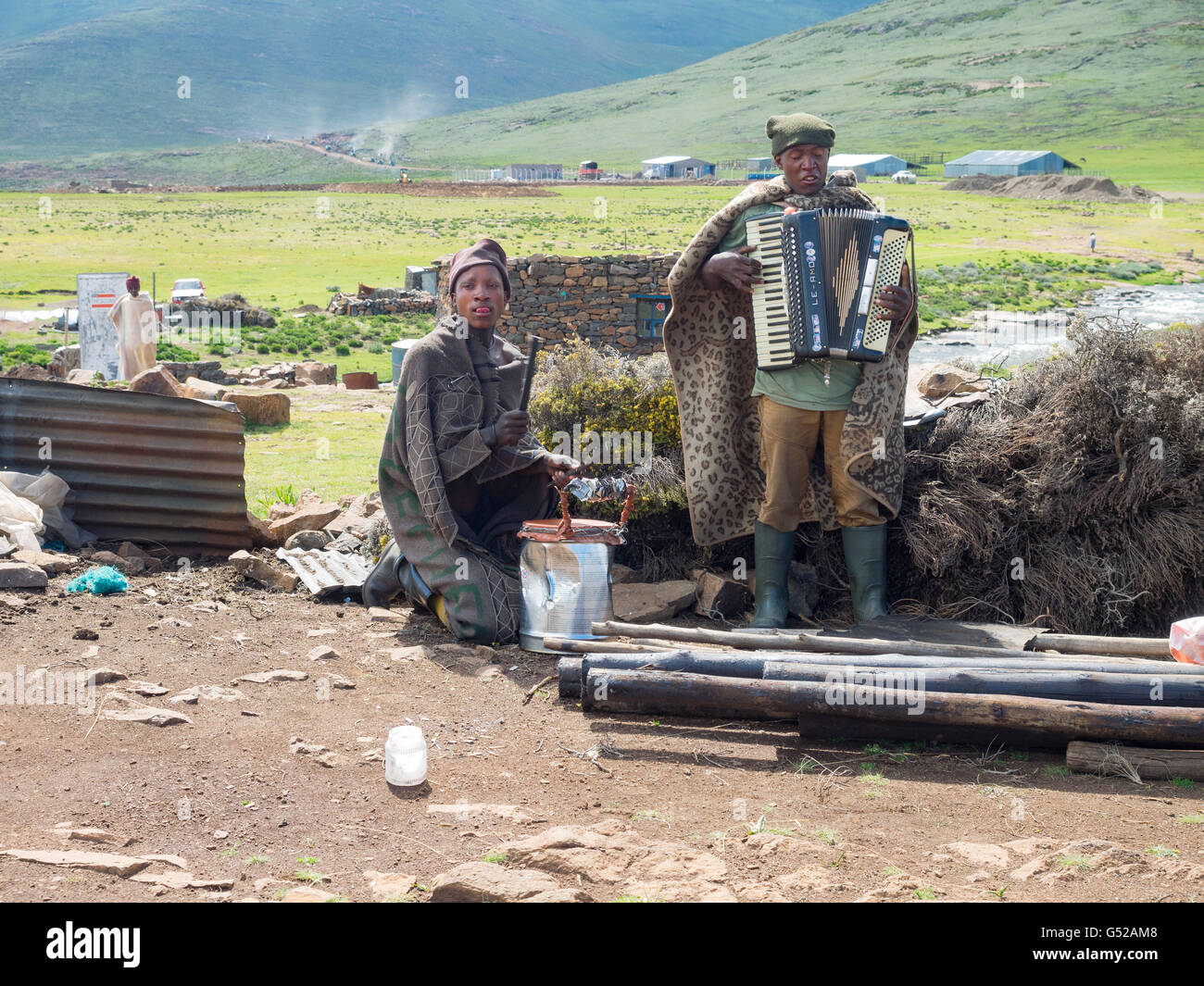 Lesotho, Mokhotlong, Near Sani Pass, music game of two Basotho men ...