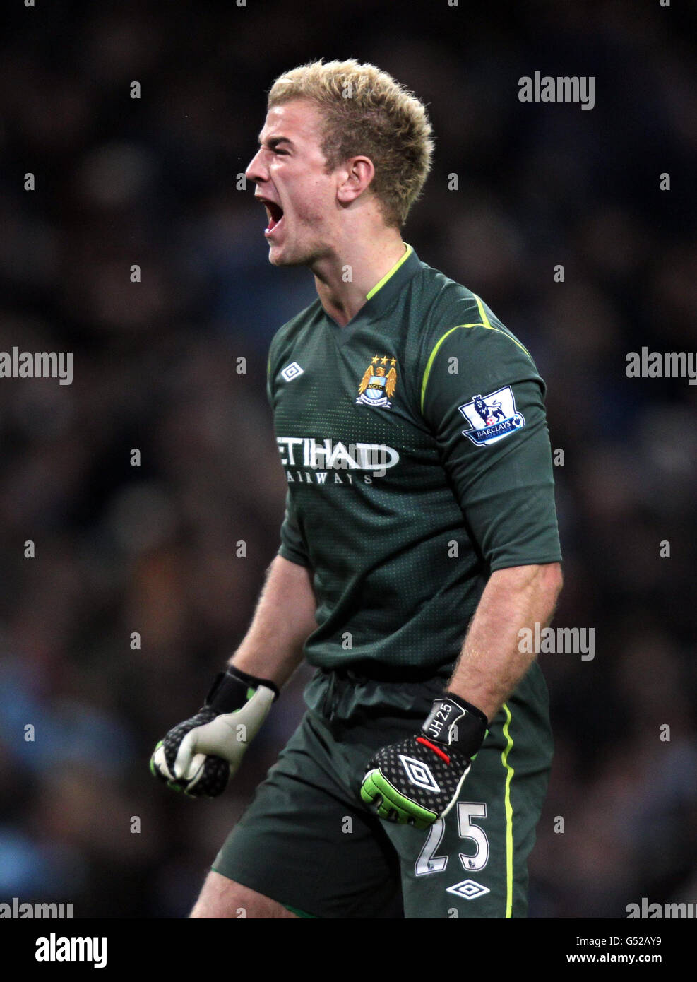 Manchester City goalkeeper Joe Hart celebrates their second goal during ...