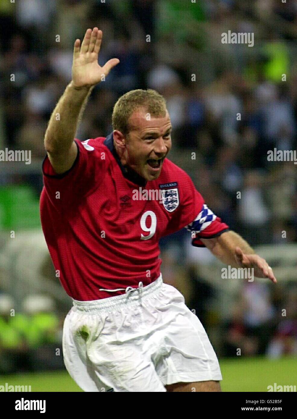 England captain Alan Shearer celebrates after scoring during first ...