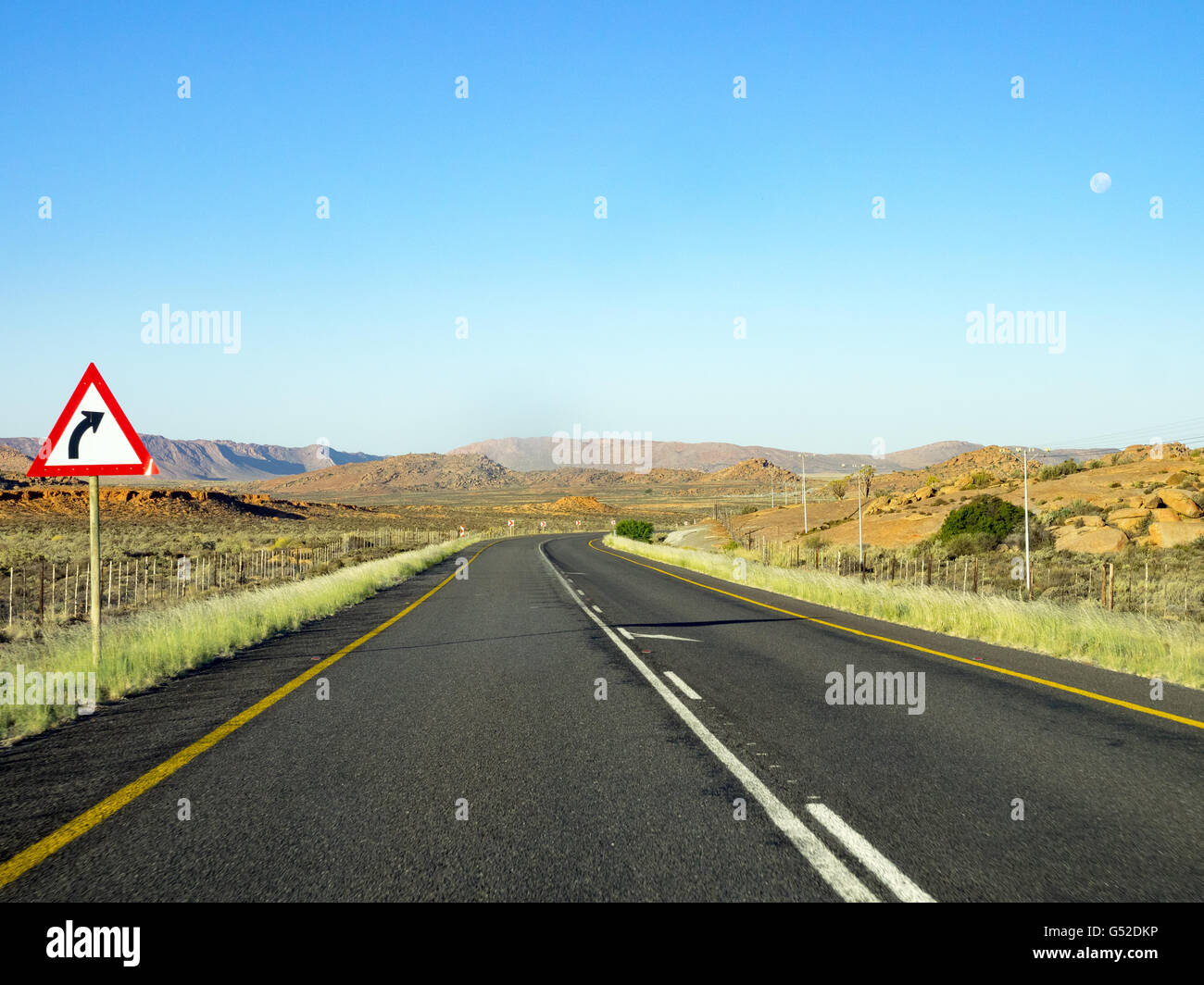 South Africa, North Cape, Kamieskroon, road sign on empty road in South ...