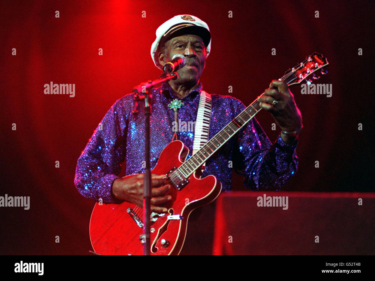 American rock 'n' roll star Chuck Berry performing on stage during the ...