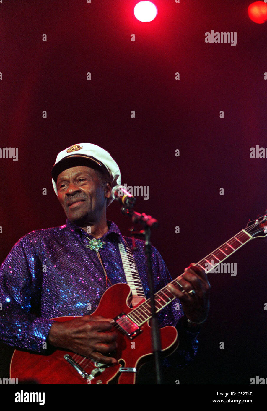 American rock 'n' roll star Chuck Berry performing on stage during the ...
