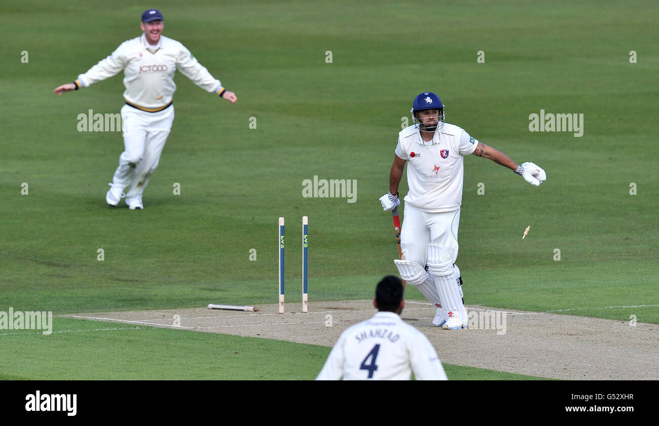 Kent's Scott Newman is bowled by Yorkshire's Ryan Sidebottom during the ...