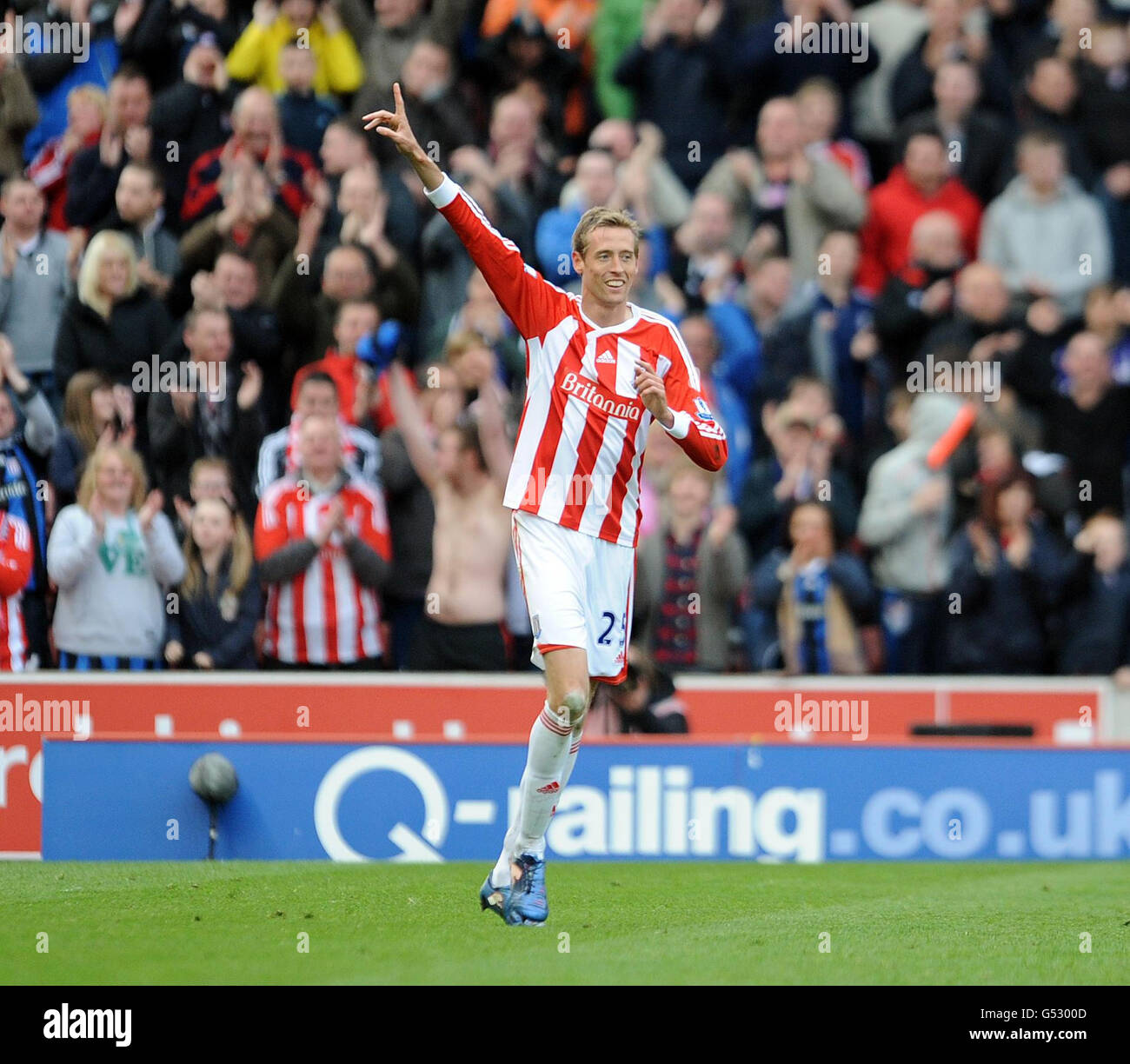 Stoke's Peter Crouch celebrates scoring during the Barclays Premier ...