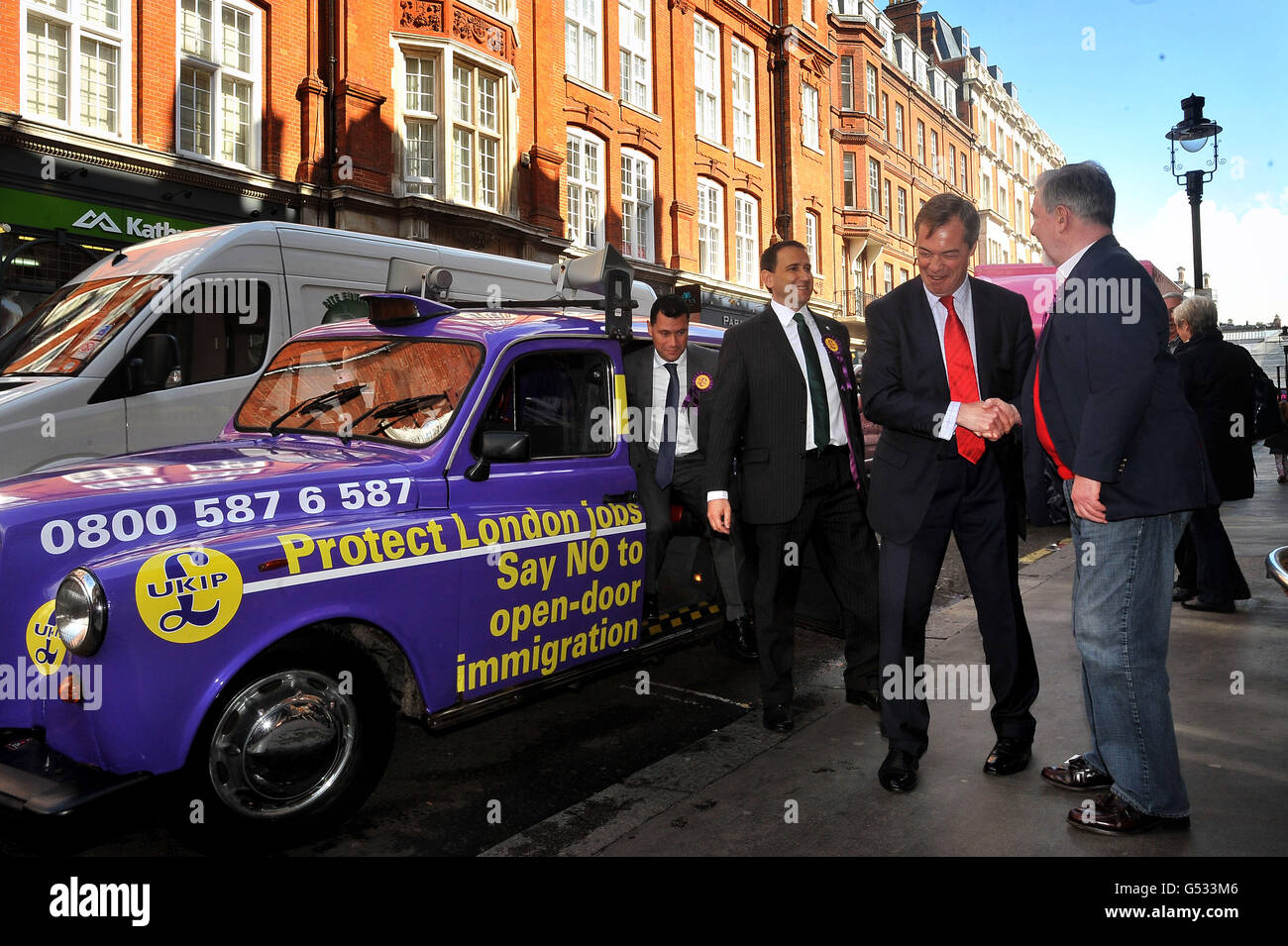 Bar owner and UKIP member Richard, Earl of Bradford (right) greets UK ...