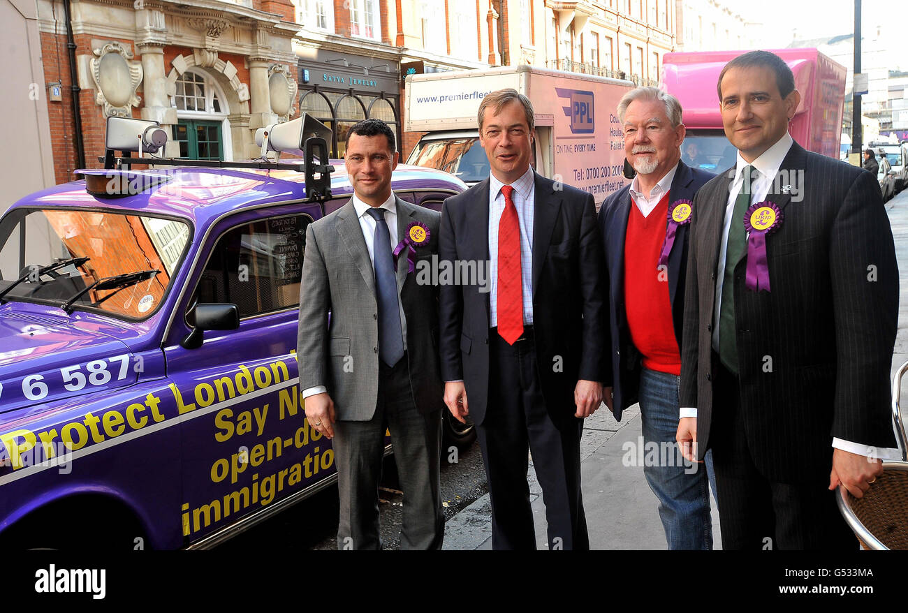 (left to right) UKIP candidates Steven Woolfe, party leader Nigel ...