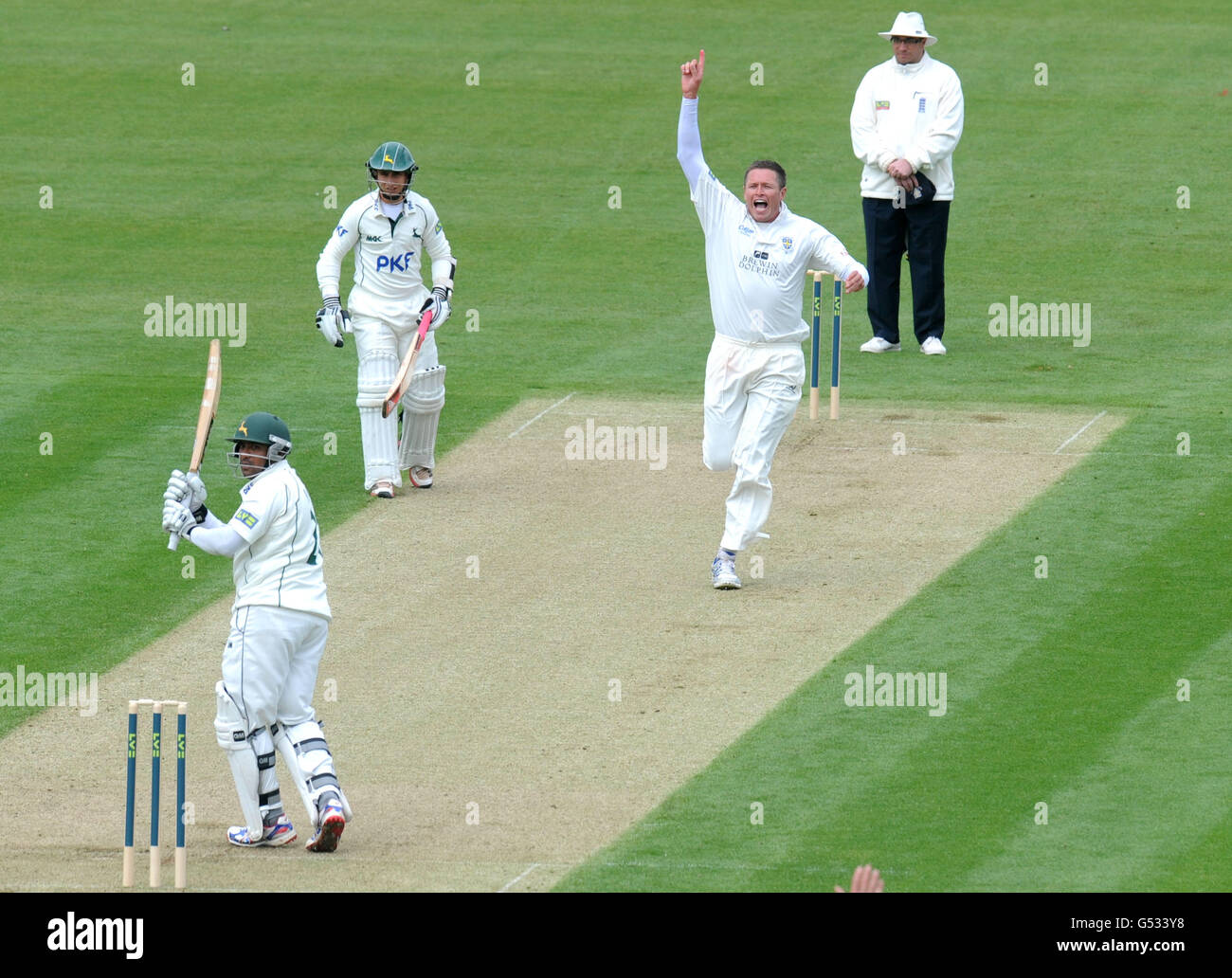 Durham's Mitchell Claydon celebrates wicket of Nottinghamshire's Samit ...