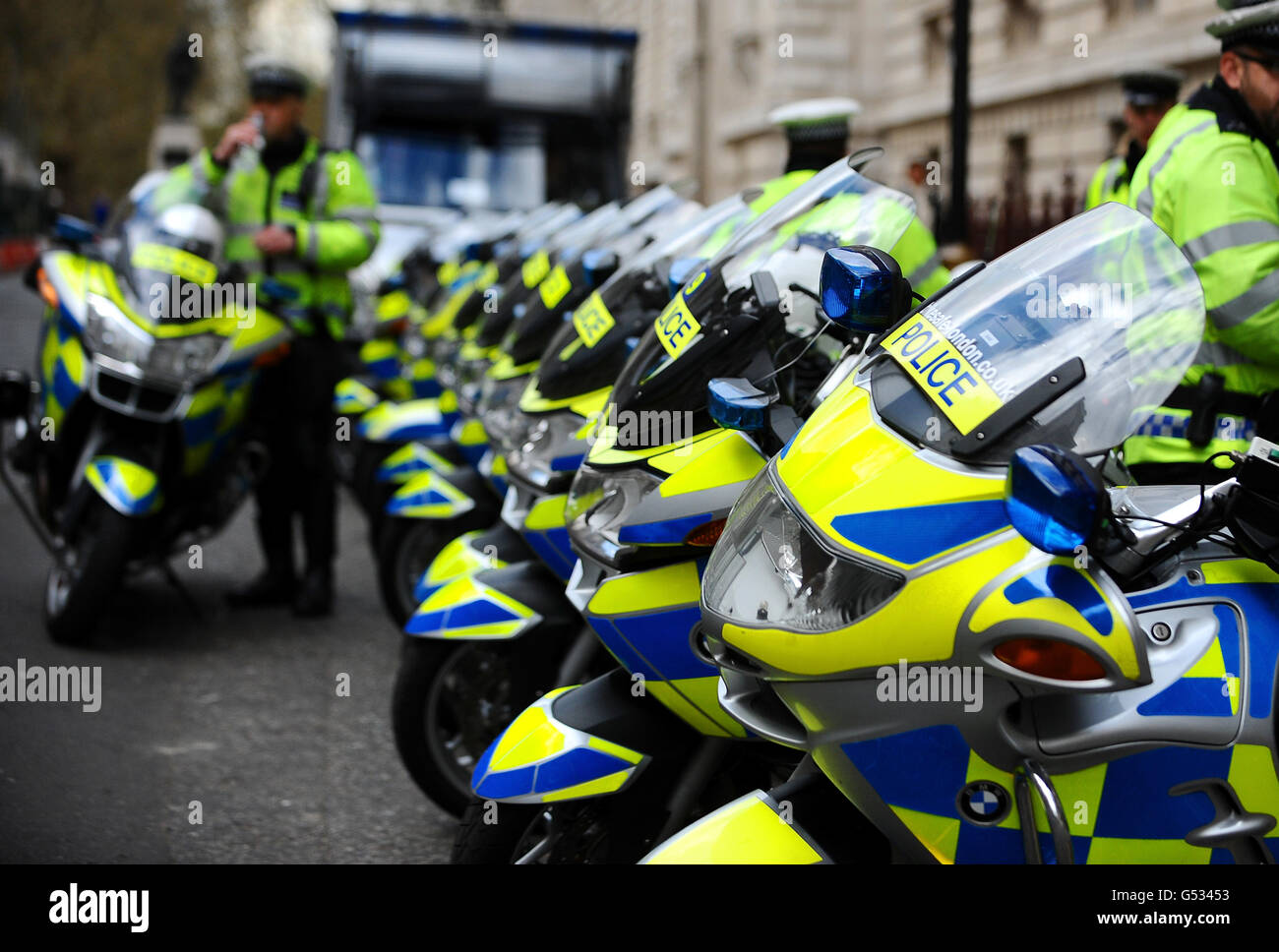 A stock picture of a line of Police motorcycles in central London Stock ...