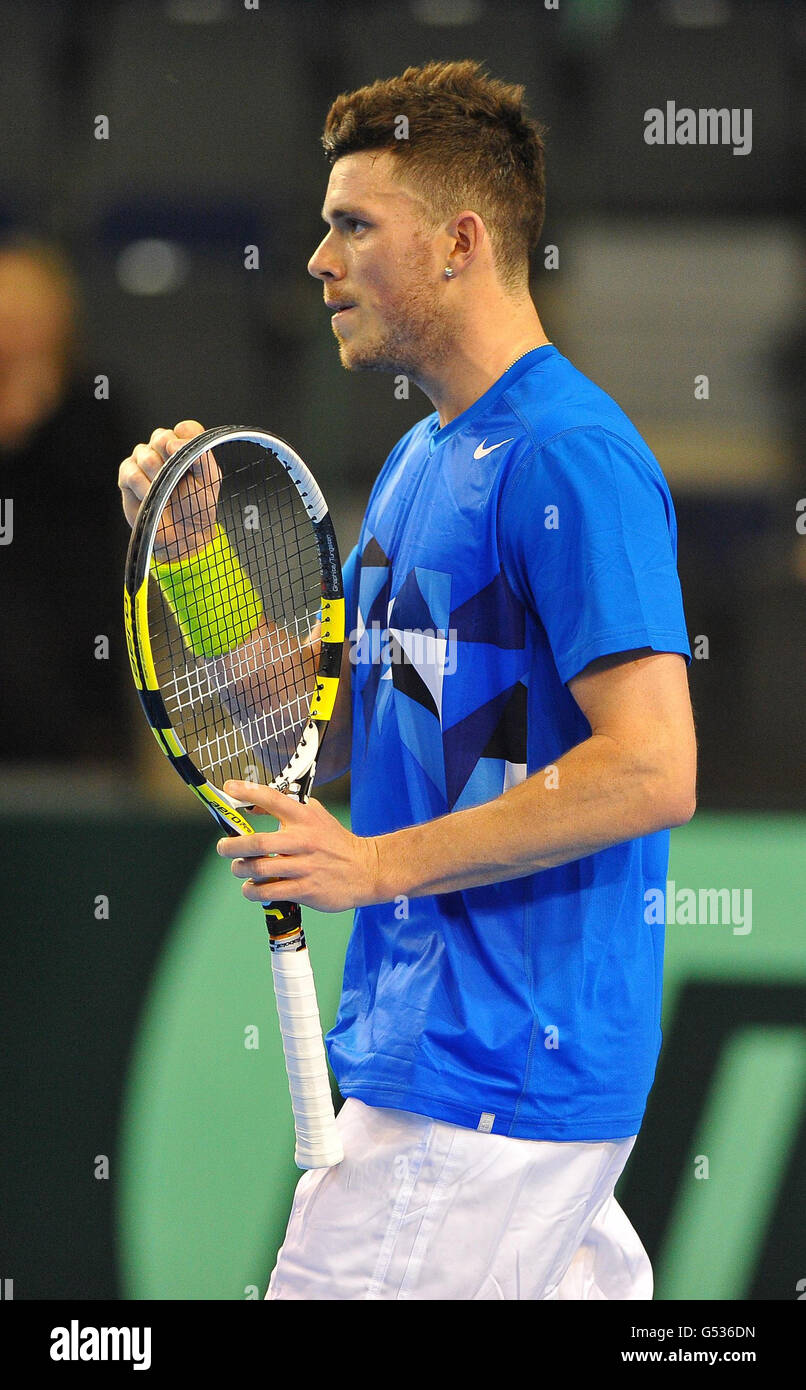 Great Britain's Josh Goodall in action against Belgium's Steve Darcis ...