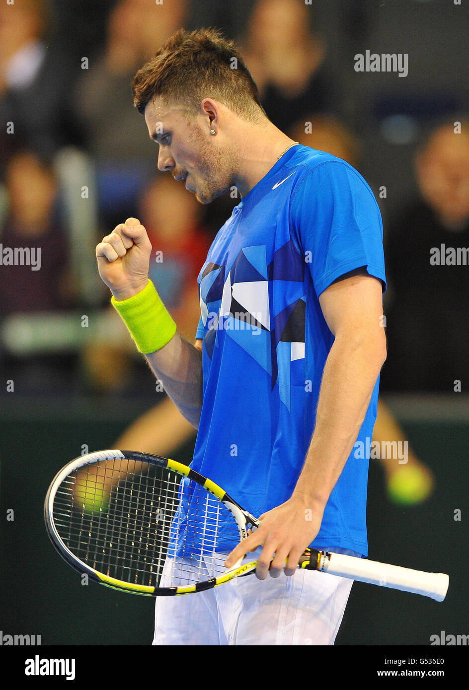 Great Britain's Josh Goodall in action against Belgium's Steve Darcis ...