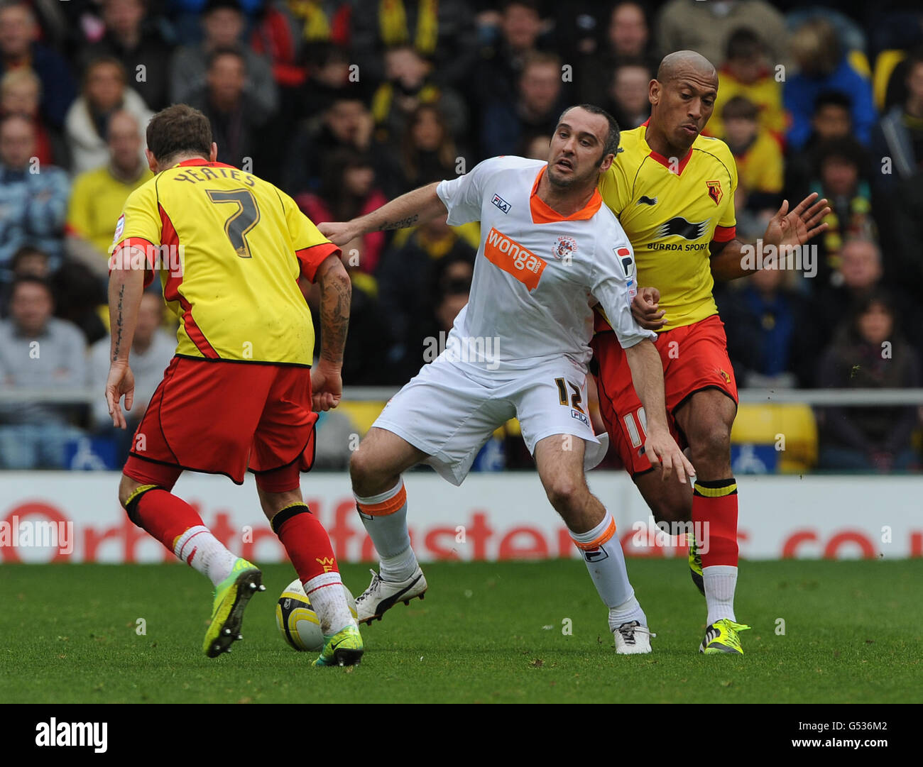 Watford's Mark Yeates (left) and Chris Iwelumo (right) challenge ...