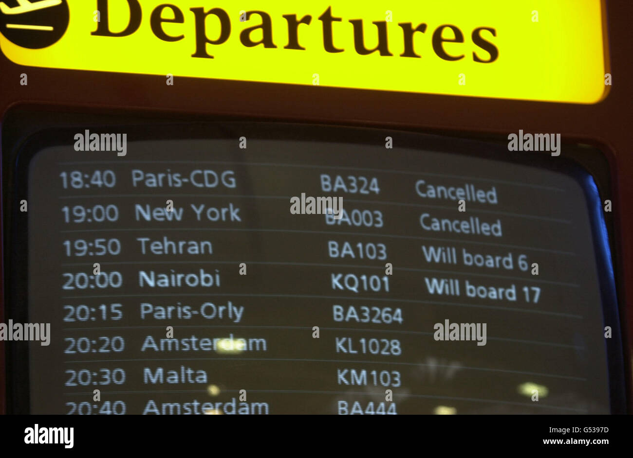 Flight information monitors at londons heathrow international airport ...