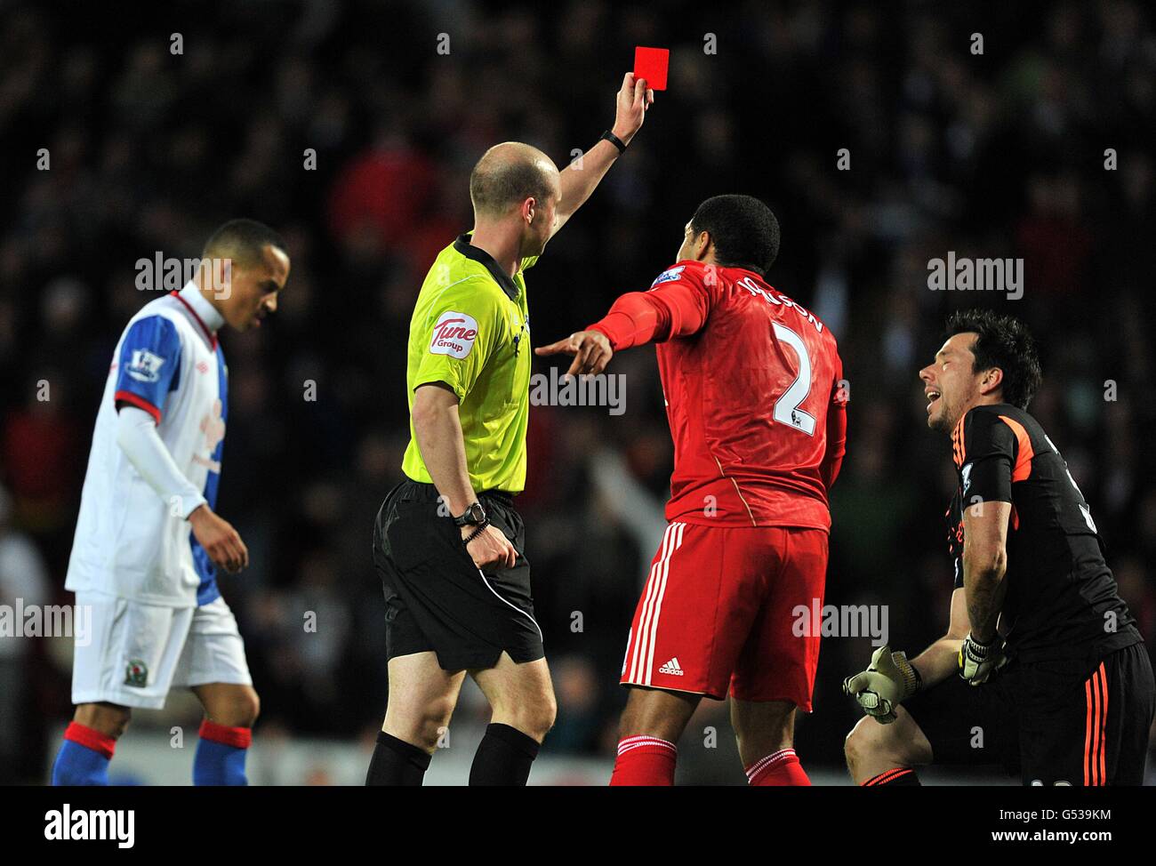 Liverpool's goalkeeper Alexander Doni is shown a red card after a foul ...