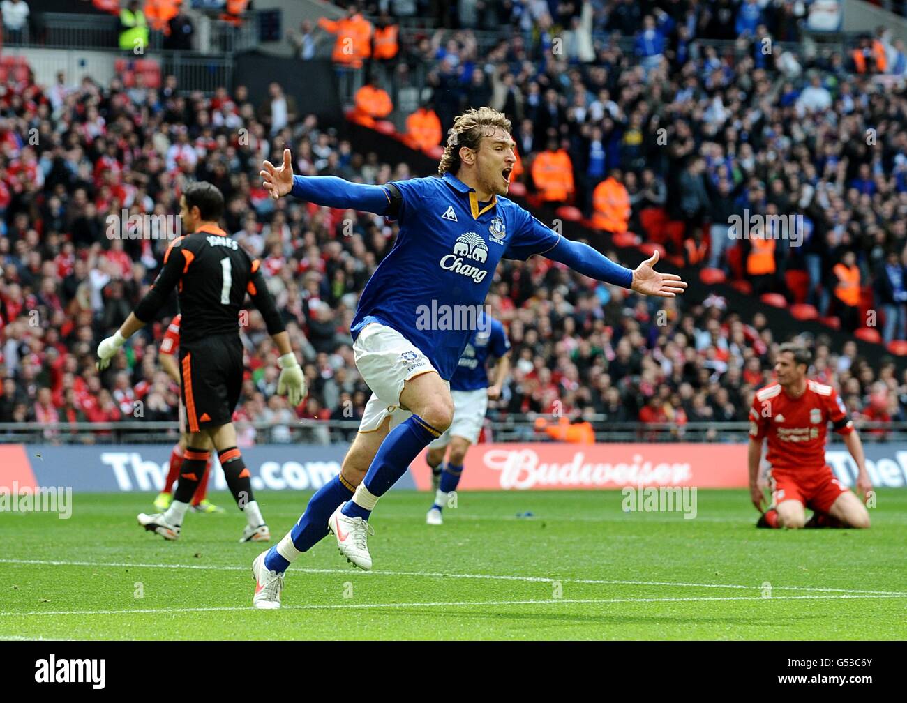 Everton's Nikica Jelavic celebrates after scoring his team's opening ...