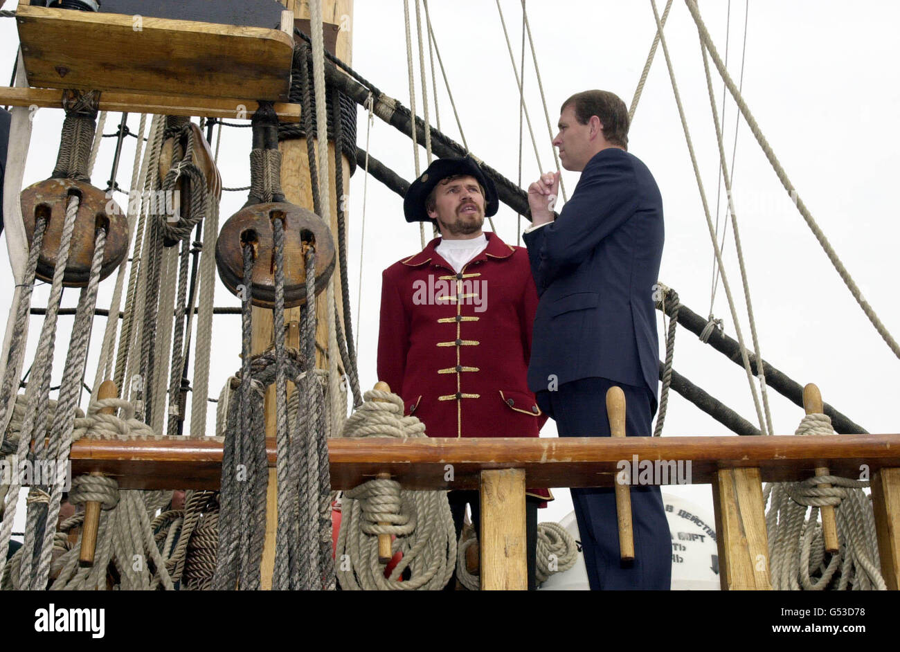 The Duke of York (R) speaks to Captain Vladimir Martous, 34, on board ...