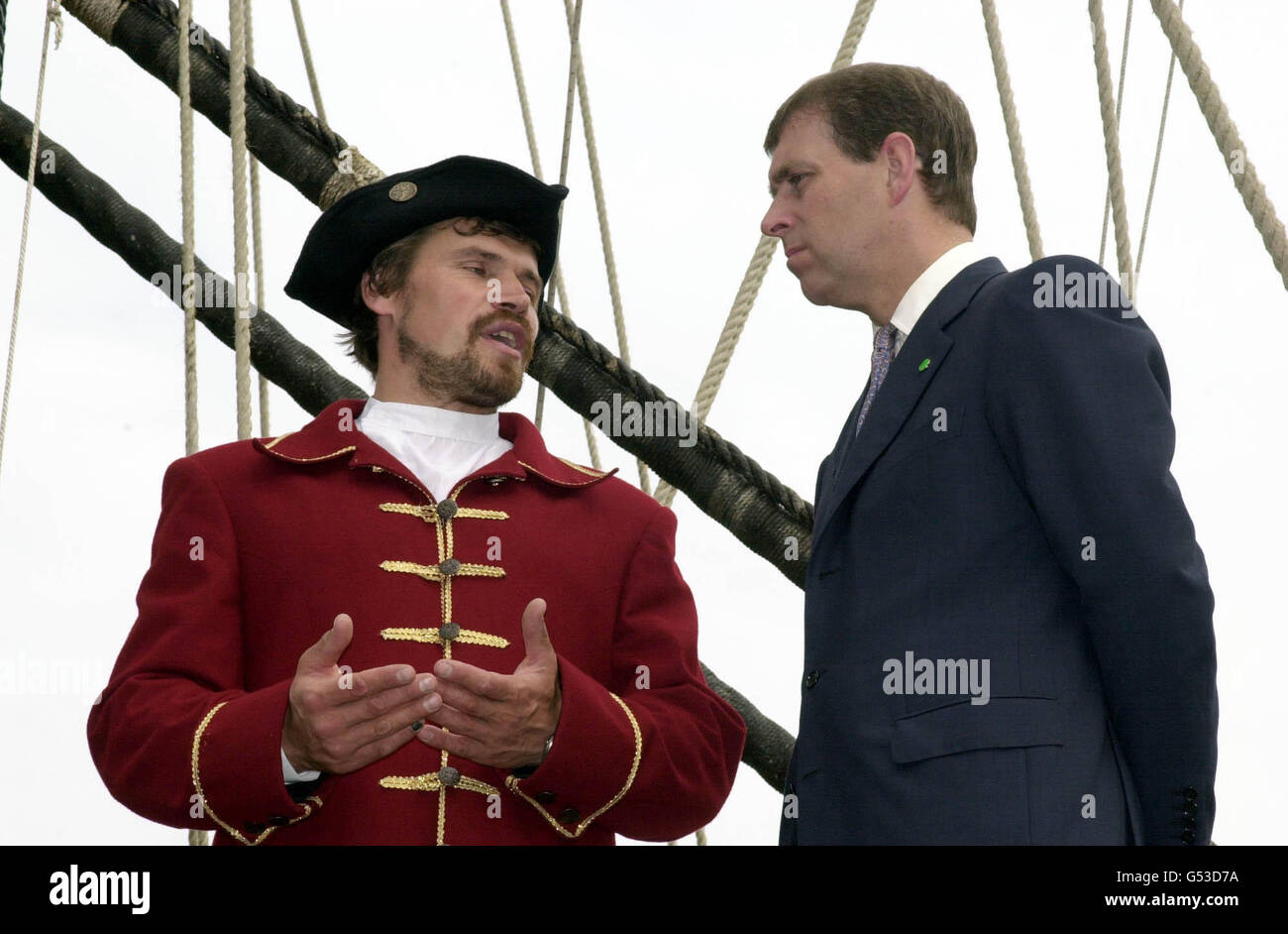 The Duke of York (R) speaks to Captain Vladimir Martous, 34, on board ...