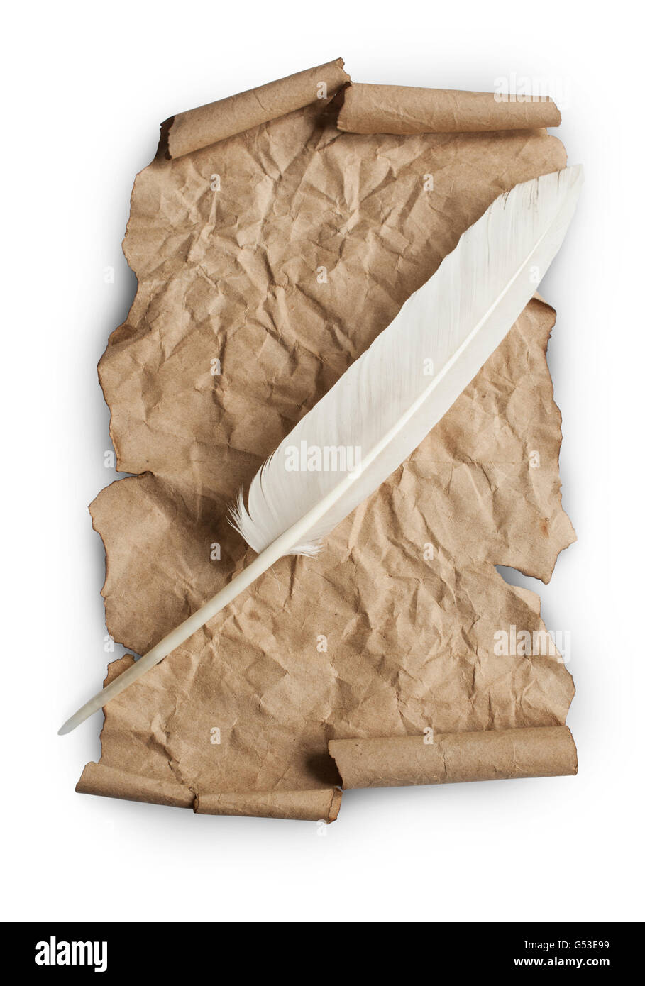 Feather pen and paper scroll isolated on white background Stock Photo ...