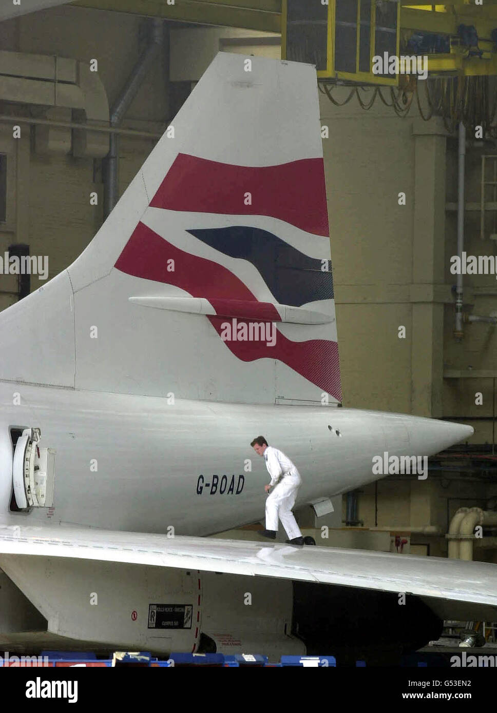 A Concorde is examined in one of the British Airways maintenance ...