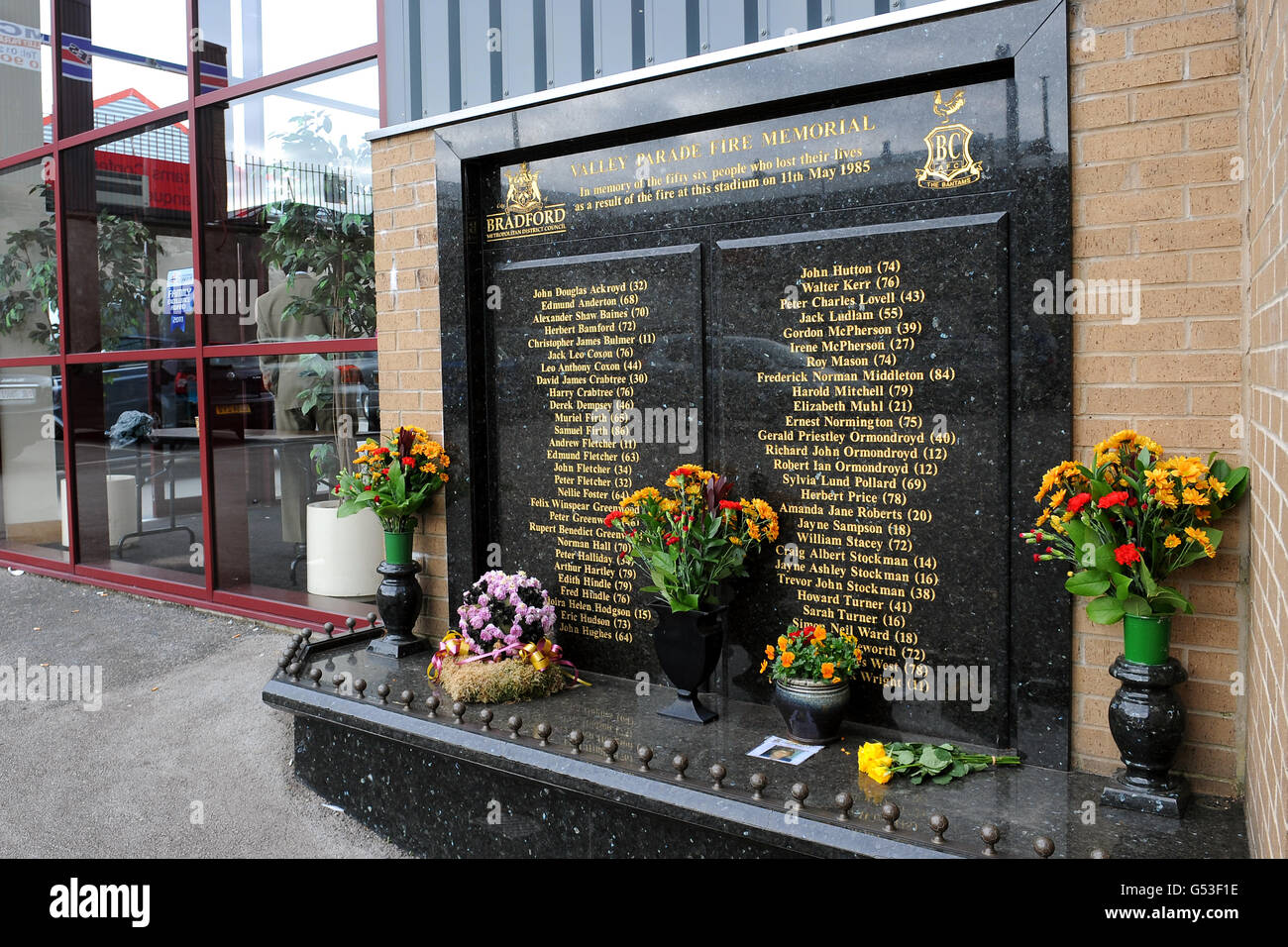 General view of the Valley Parade Fire Memorial at the Coral Windows ...