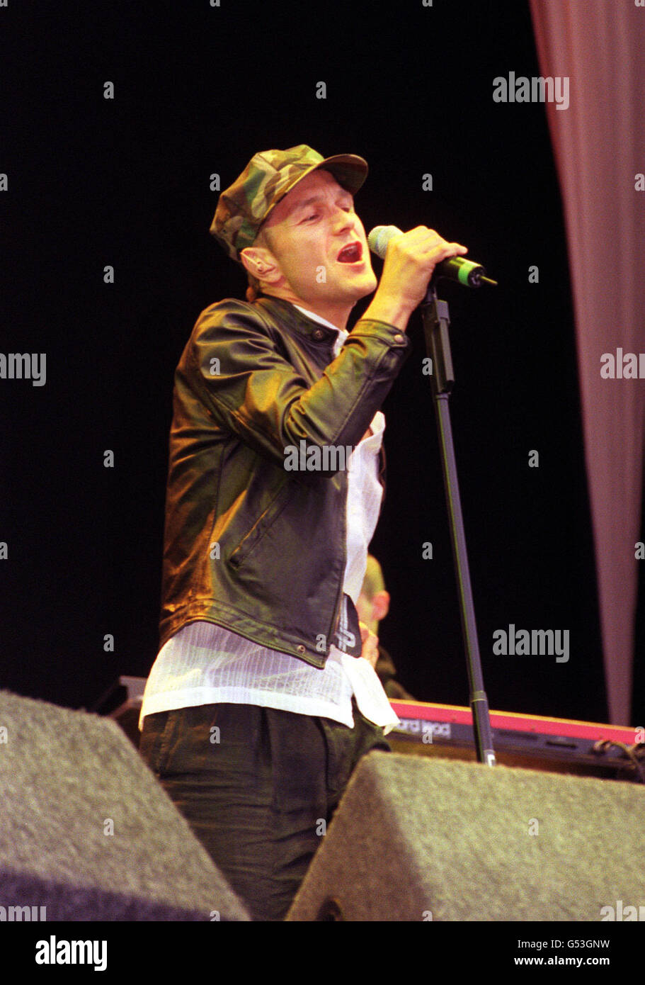 Tim Booth, lead singer with the band James performing on stage at the ...