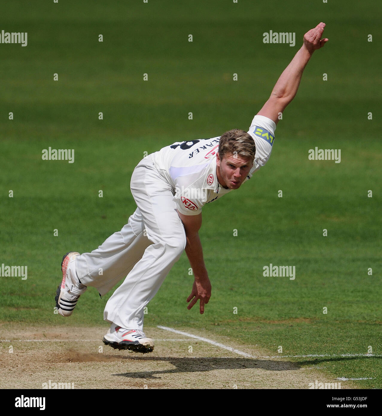 Surrey's Stuart Meaker in bowling action against Worcestershire Stock ...
