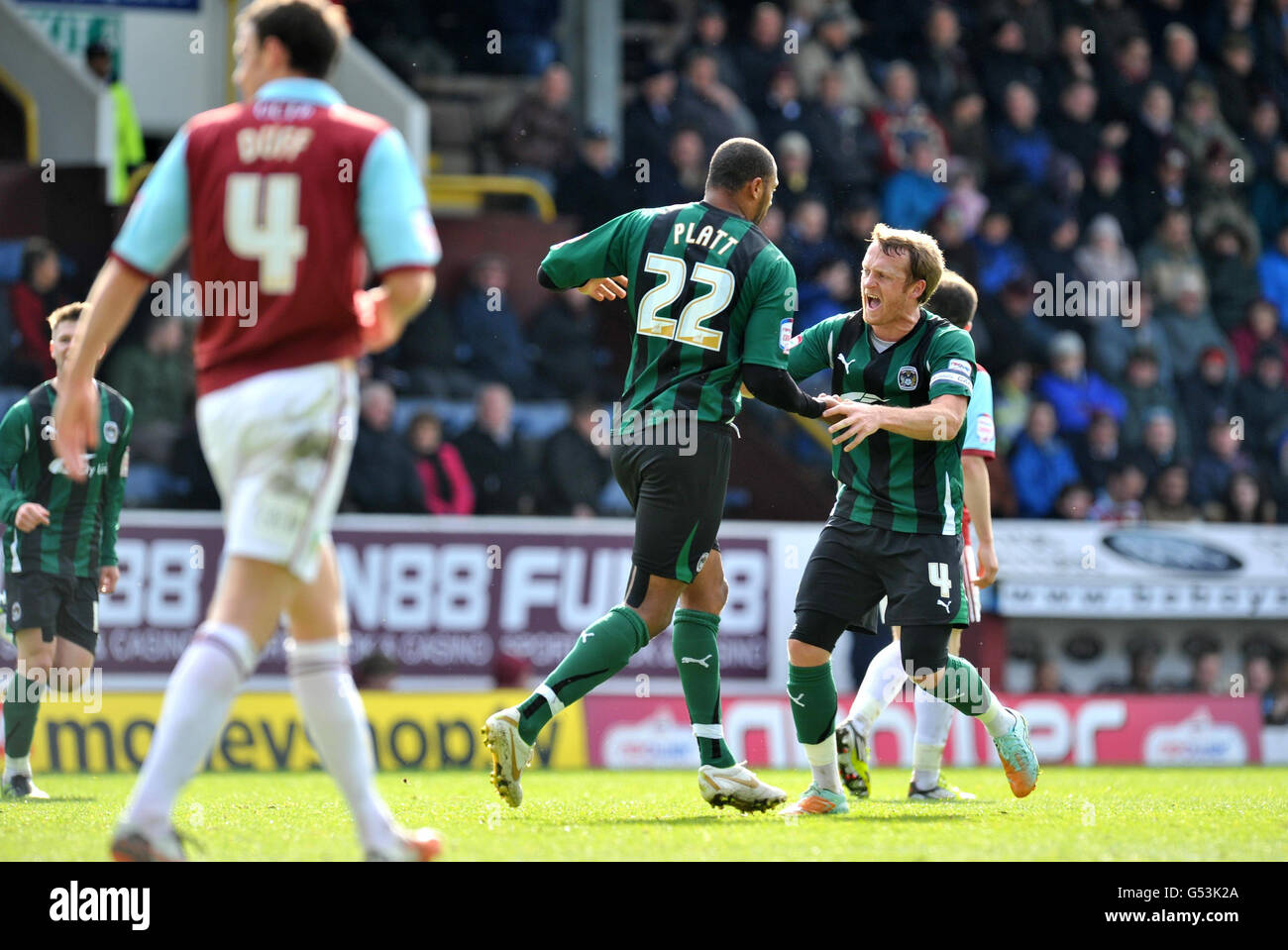 Coventry City's Clive Platt celebrates his goal with Sammy Clingan ...