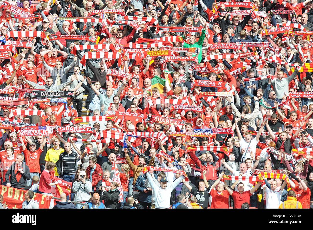 General view of Liverpool fans celebrating in the stands Stock Photo ...