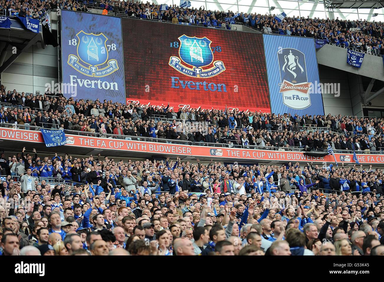 General view of Everton signage on the giant screen at Wembley Stadium ...