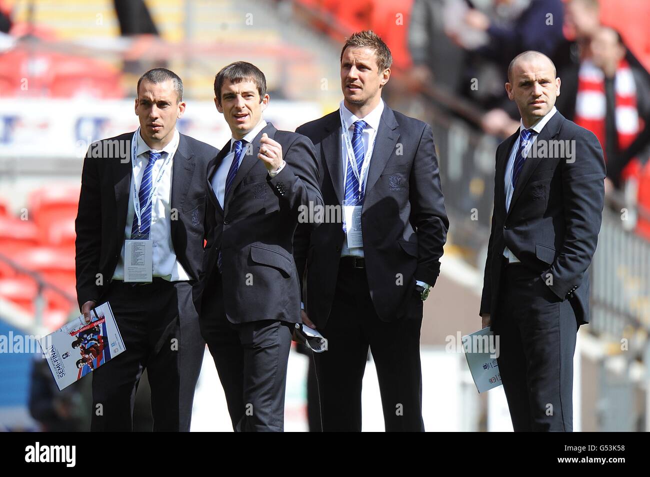 Everton's Leon Osman (left), Leighton Baines (centre left), Phil ...