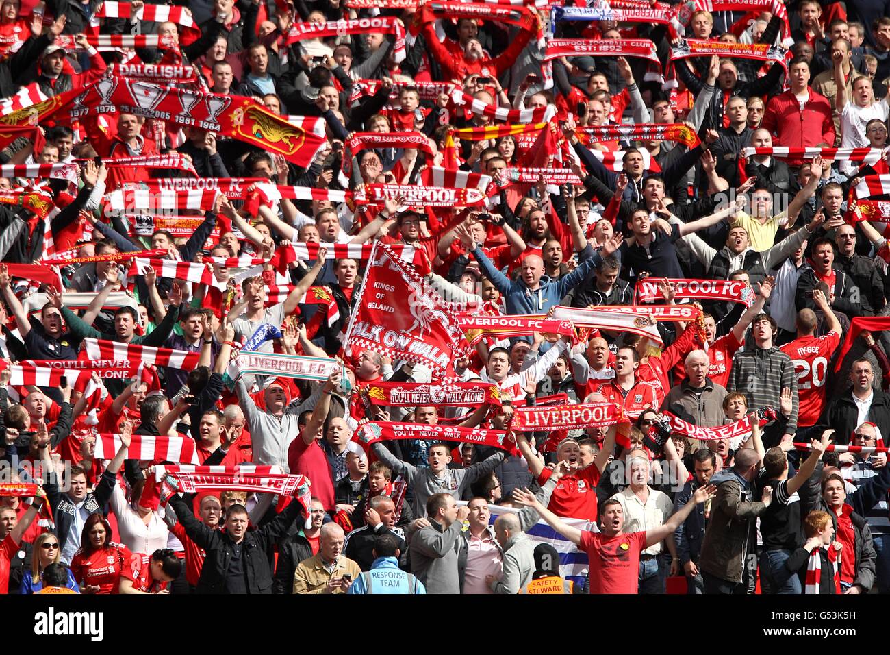 General view of Liverpool fans celebrating after the final whistle ...