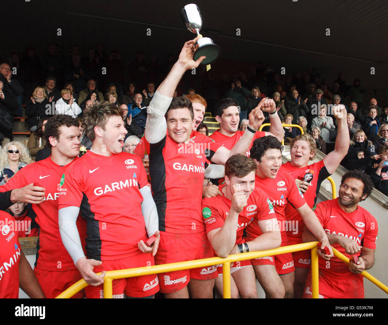 Saracens collect the trophy after winning the Melrose Rugby Sevens at ...