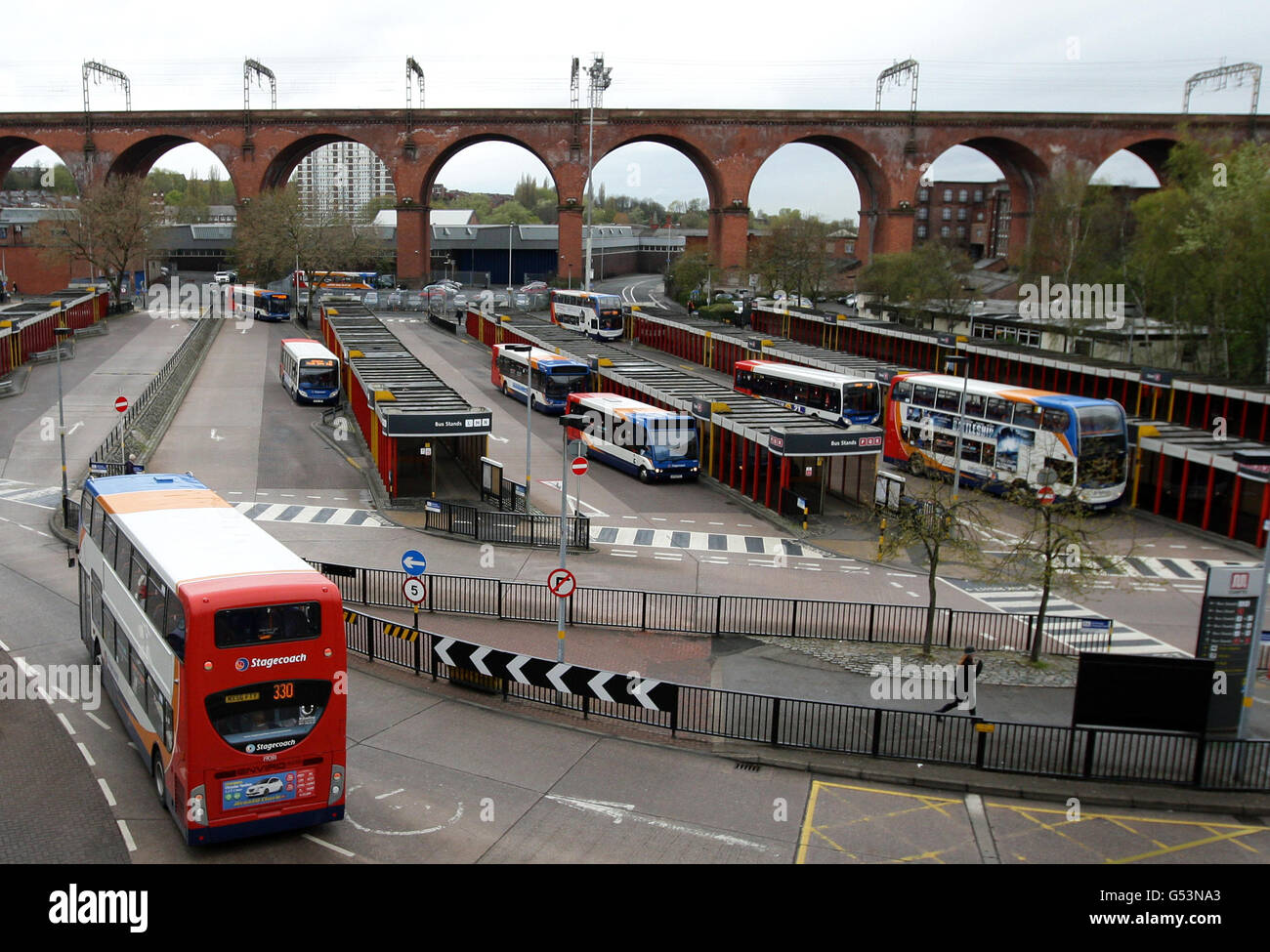 General view of Stagecoach buses in Stockport bus station Stock Photo ...