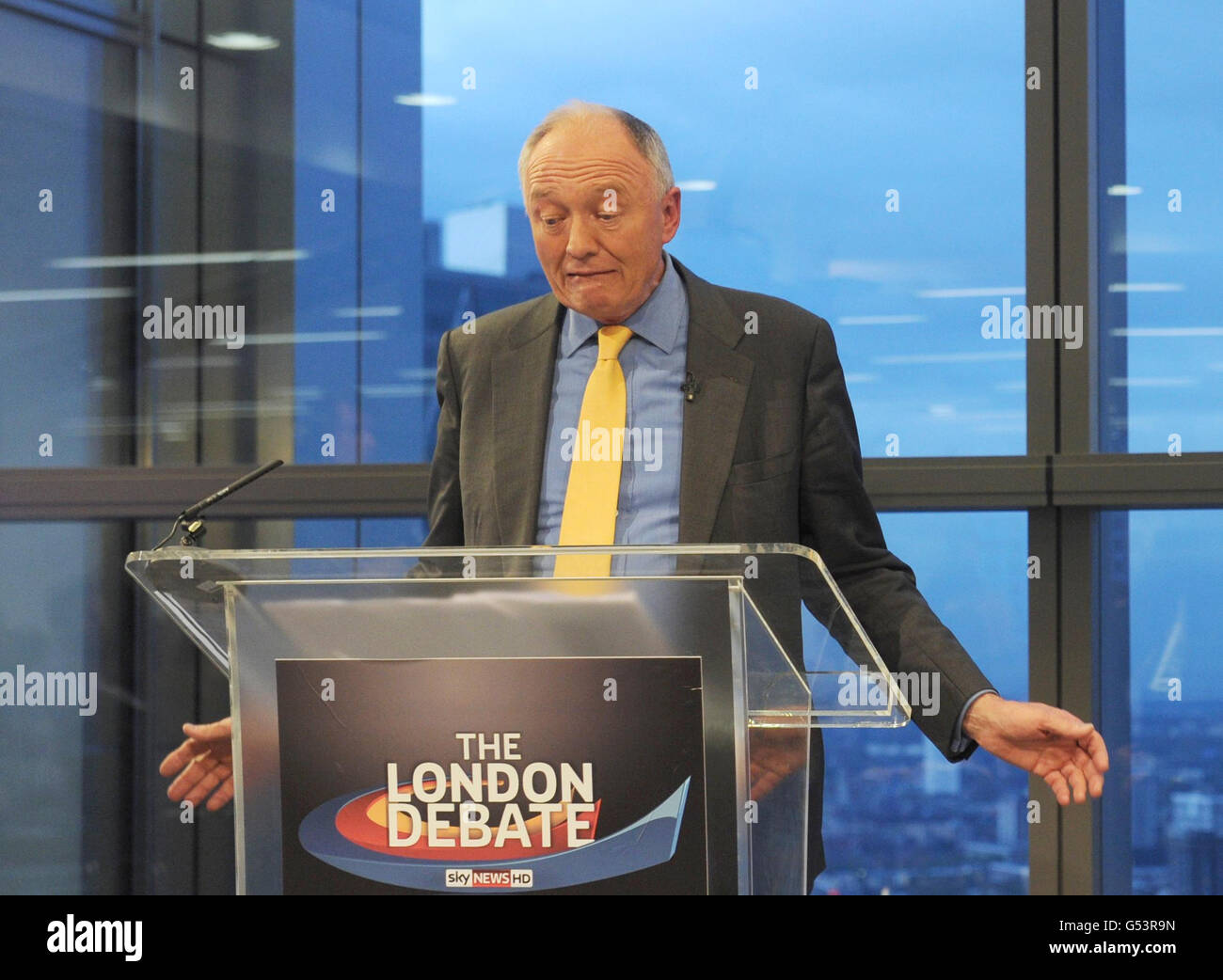 Candidate for Mayor of London Ken Livingstone reacts during a live Sky ...