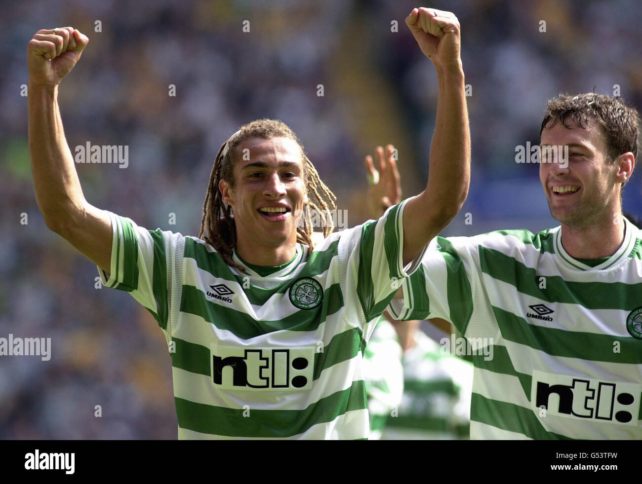 Henrik Larsson (left) celebrates with Chris Sutton after scoring the ...