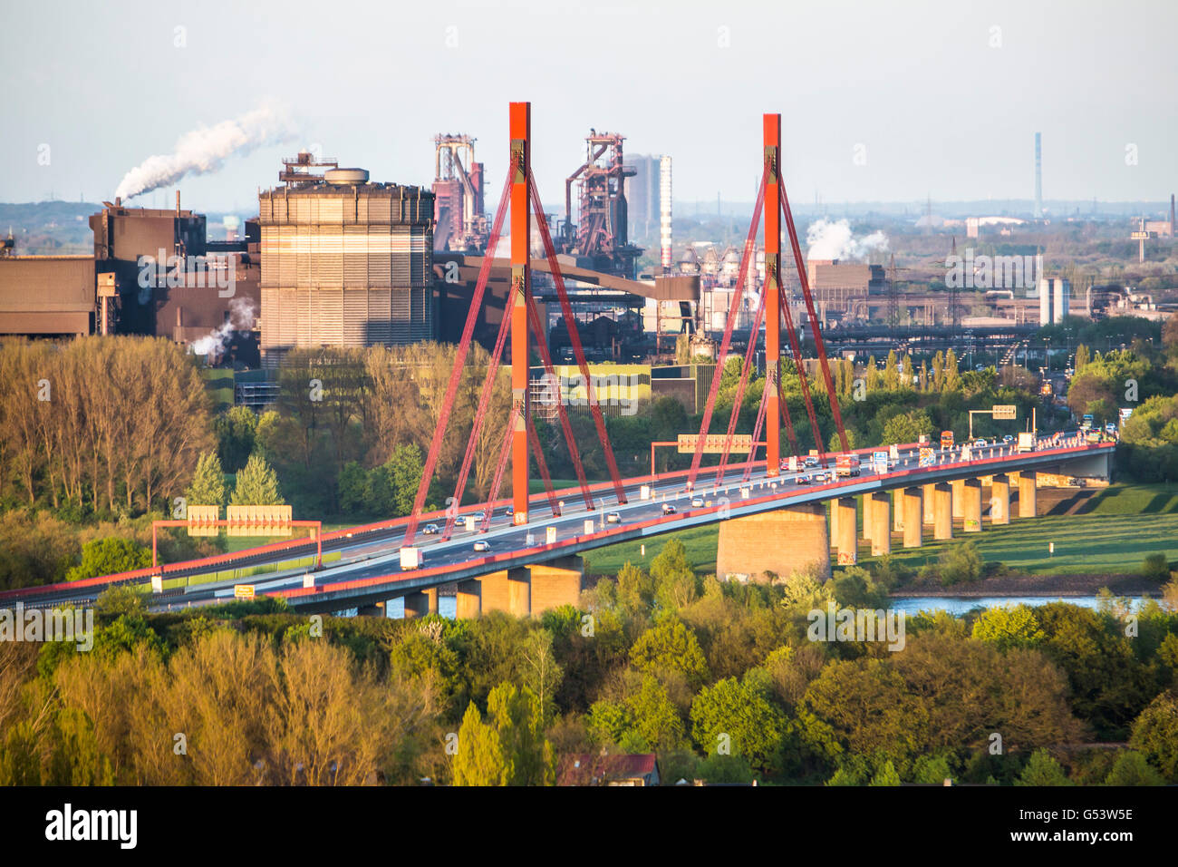 Thyssenkrupp steel, steelworks in Duisburg, river Rhine, blast furnace ...