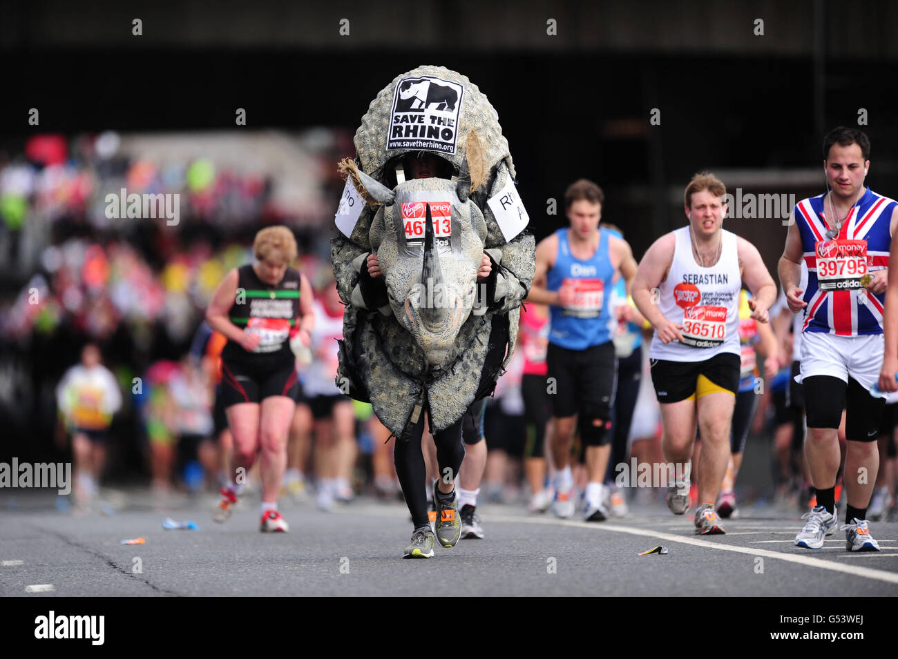 A competitor dresses up as a Rhino during the 32nd Virgin London ...