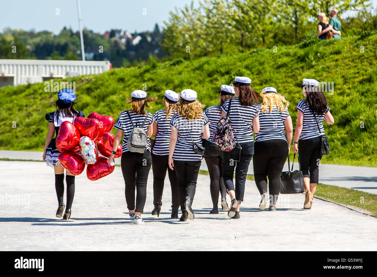 Stag party, young women, dressed as sailors, going to party the last ...