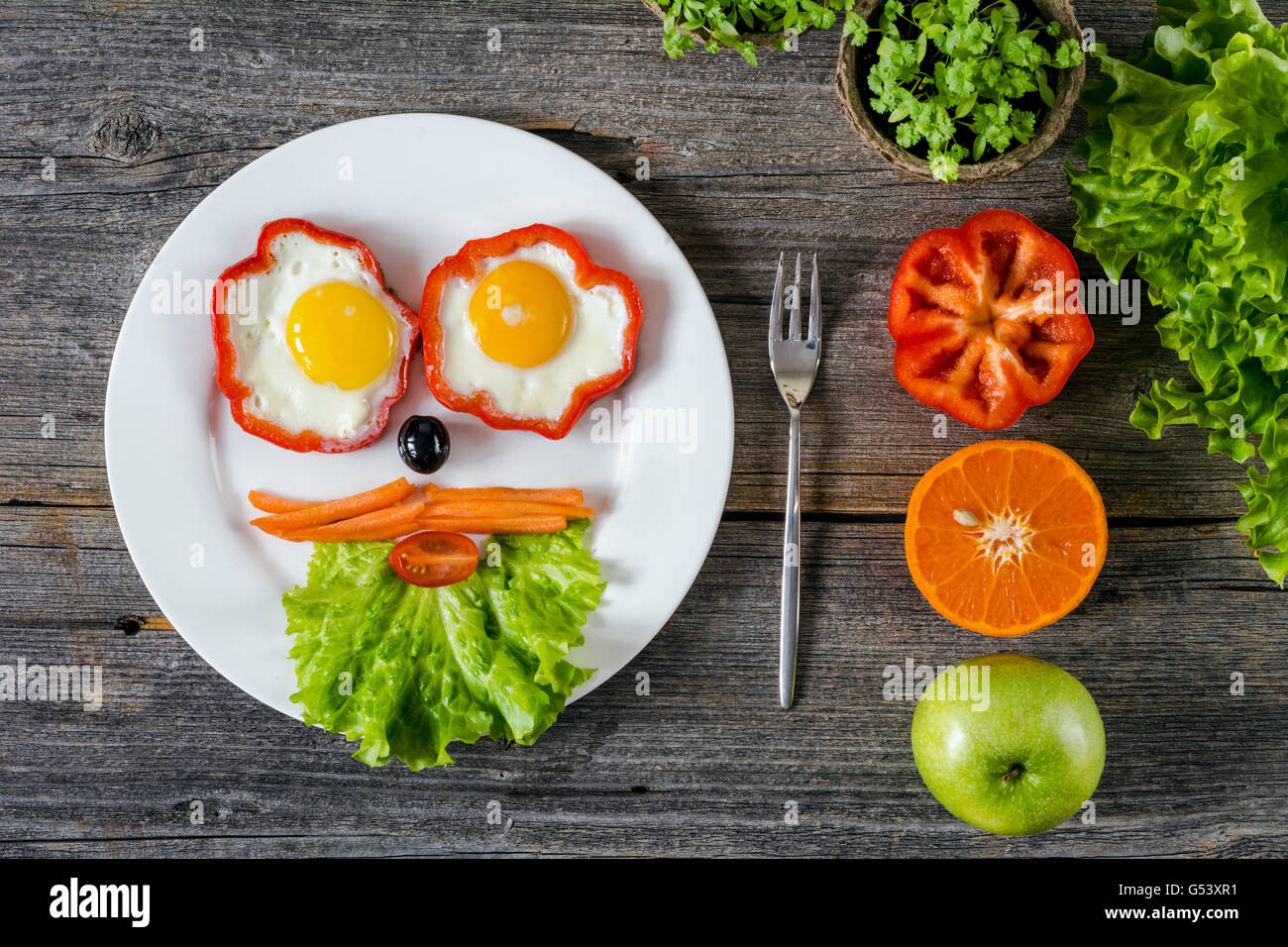 Eggs breakfast for kids. Colorful funny face on plate breakfast for ...