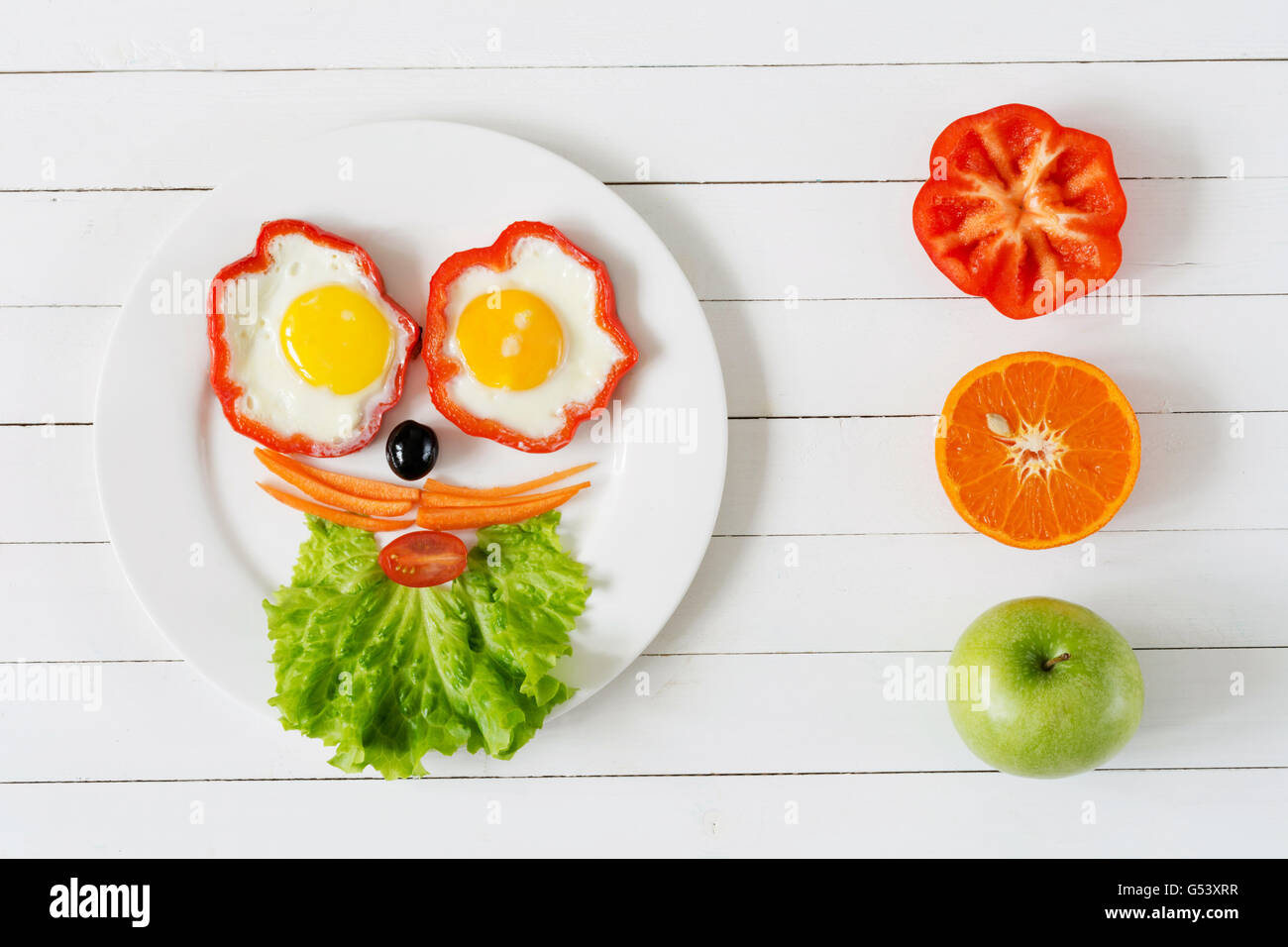 Eggs breakfast for kids. Colorful funny face on plate breakfast for ...