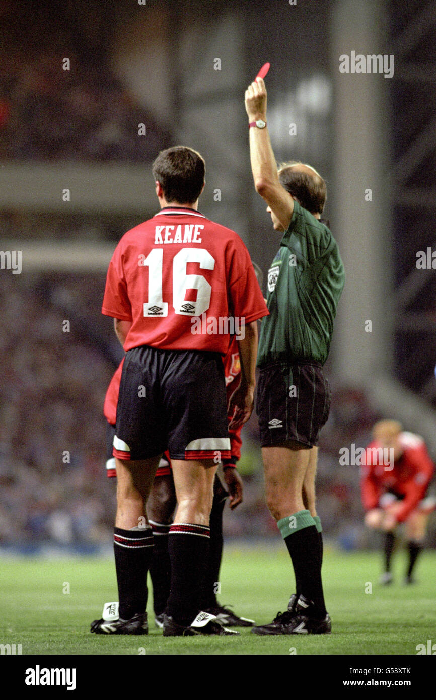 ROY KEANE, MANCHESTER UNITED, RECEIVES RED CARD OFF REFEREE PAUL DURKIN ...