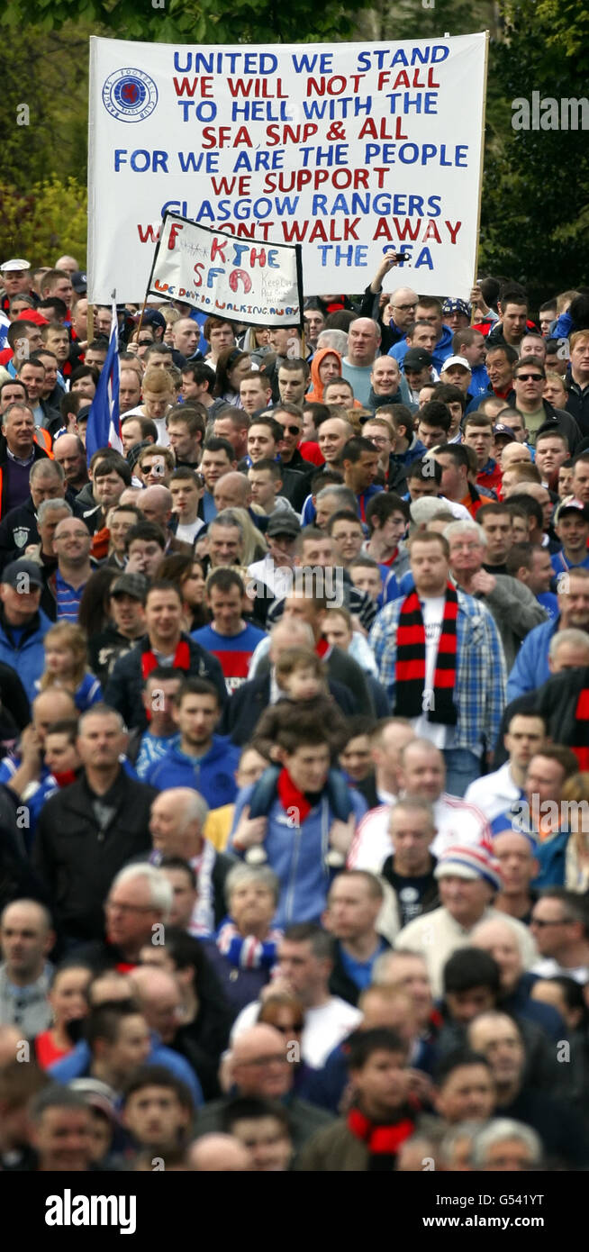 Rangers fans march to Hampden Park in Glasgow, Scotland, in protest ...