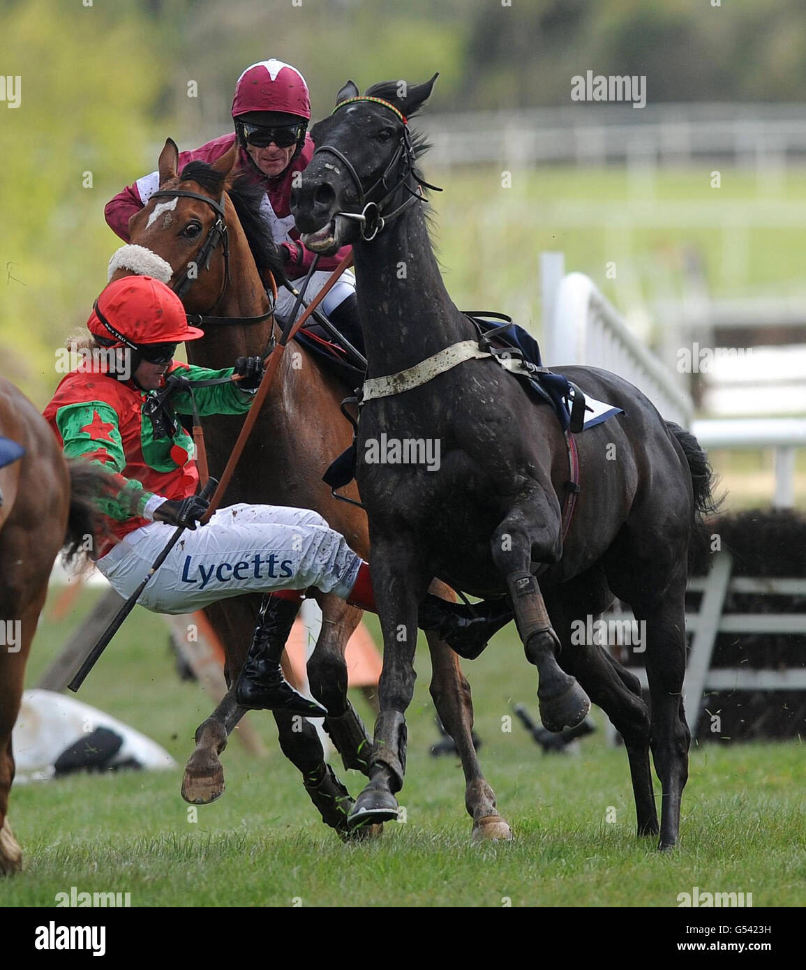 Jockey Robert Thornton takes a fall from Balder Succes as Edeymi with ...