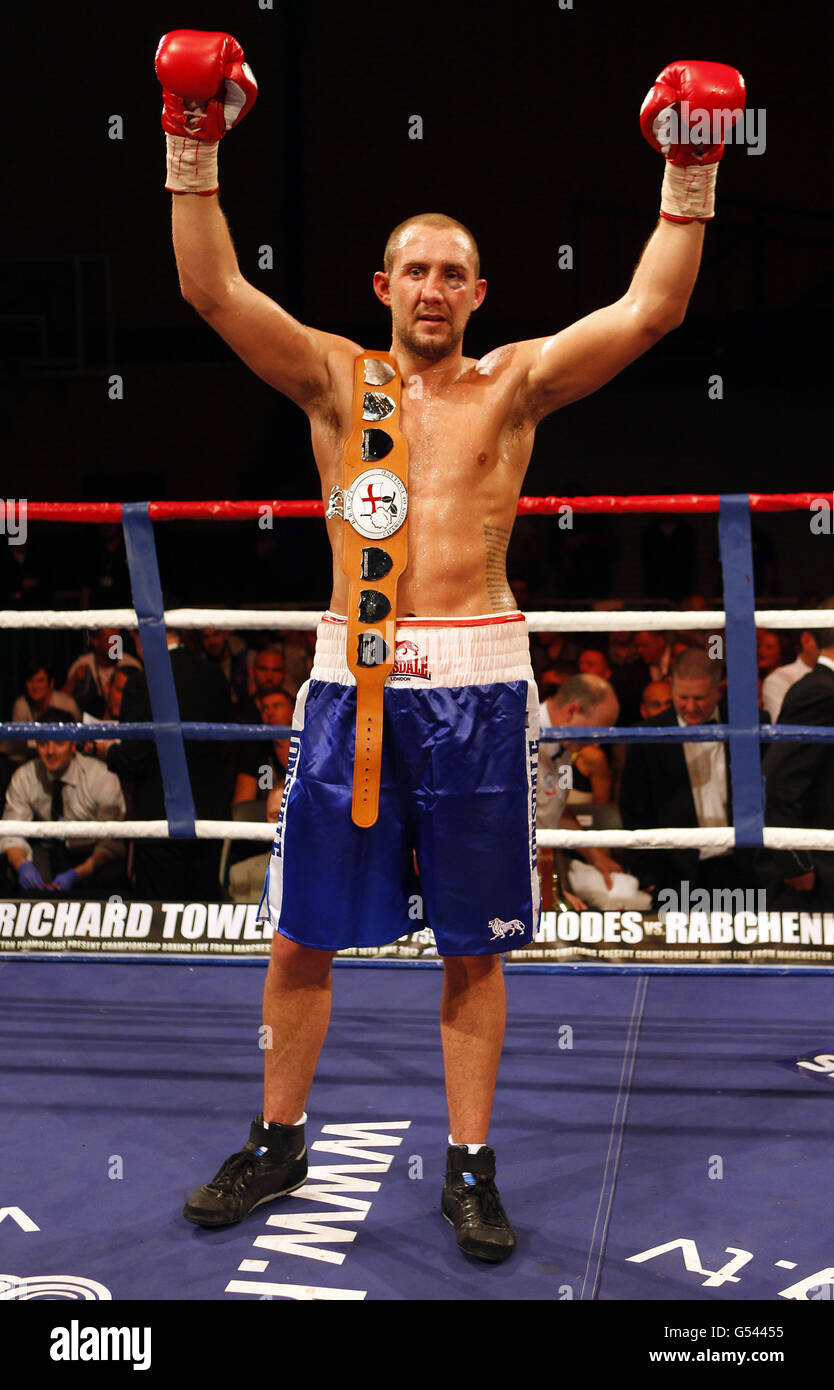 Boxing - Oldham Sports Centre. Jon Lewis Dickinson celebrates his ...