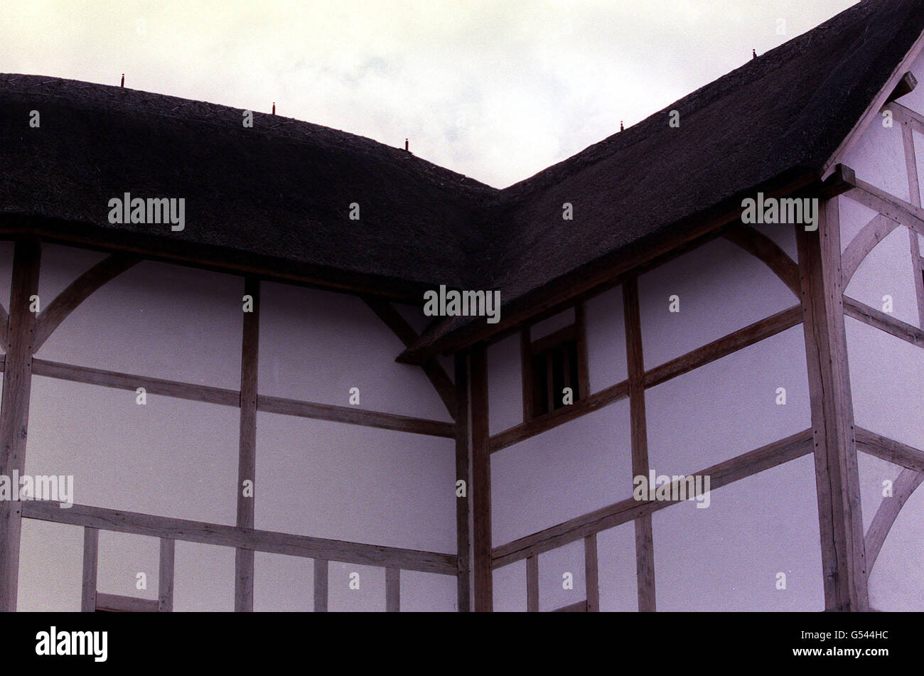 The thatched roof and wood panelling of the Globe Theatre in London ...