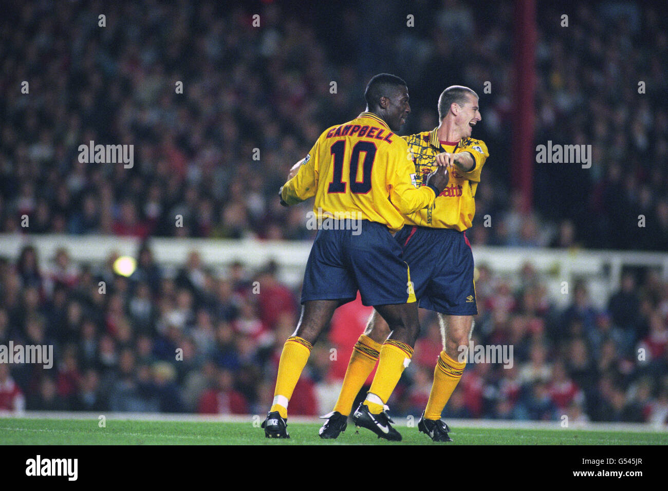 Kevin Campbell, Nottingham Forest, celebrates with Colin Cooper after ...